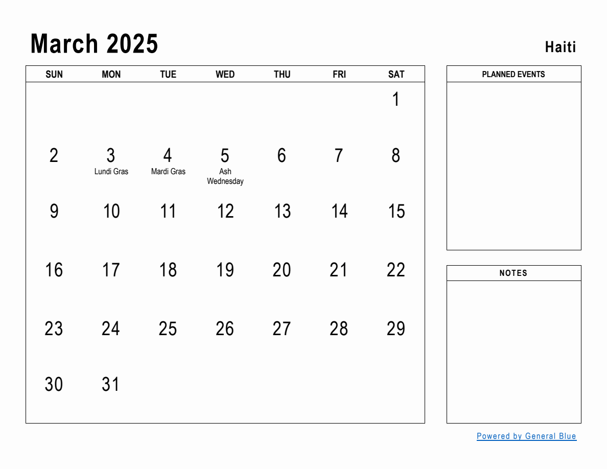March 2025 Planner with Haiti Holidays