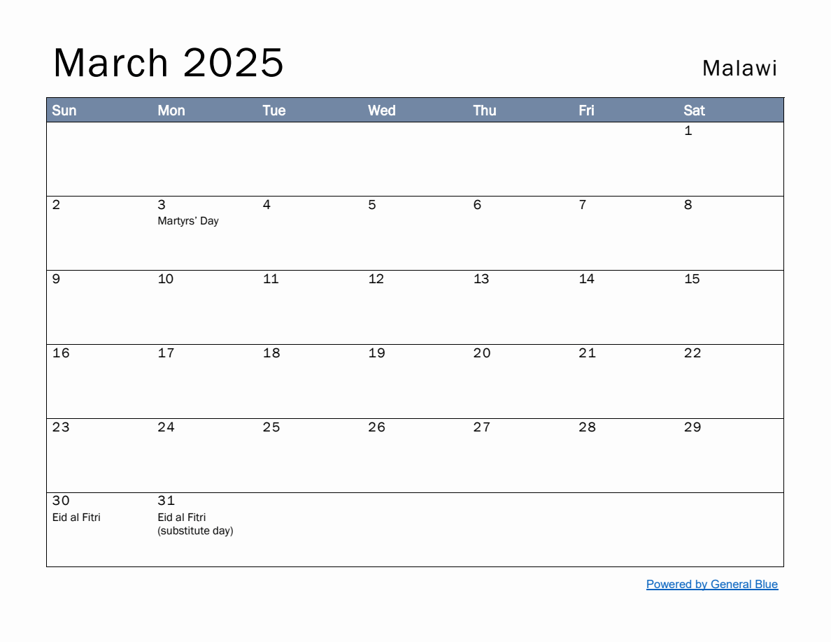 Free Monthly Calendar Template for March 2025 with Malawi Holidays