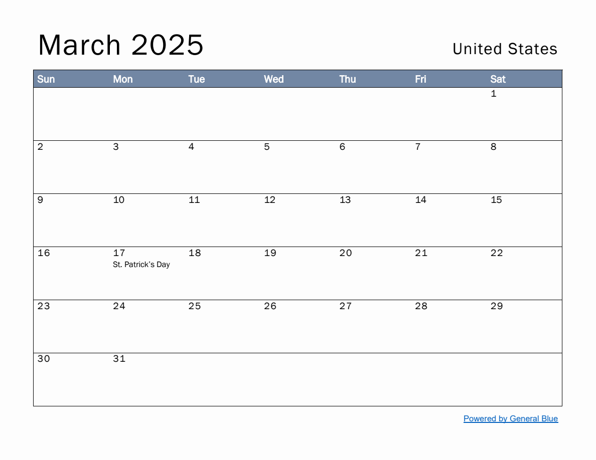 Free Monthly Calendar Template for March 2025 with United States Holidays