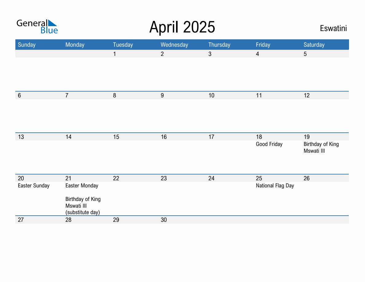 April 2025 Monthly Calendars with Eswatini Holidays