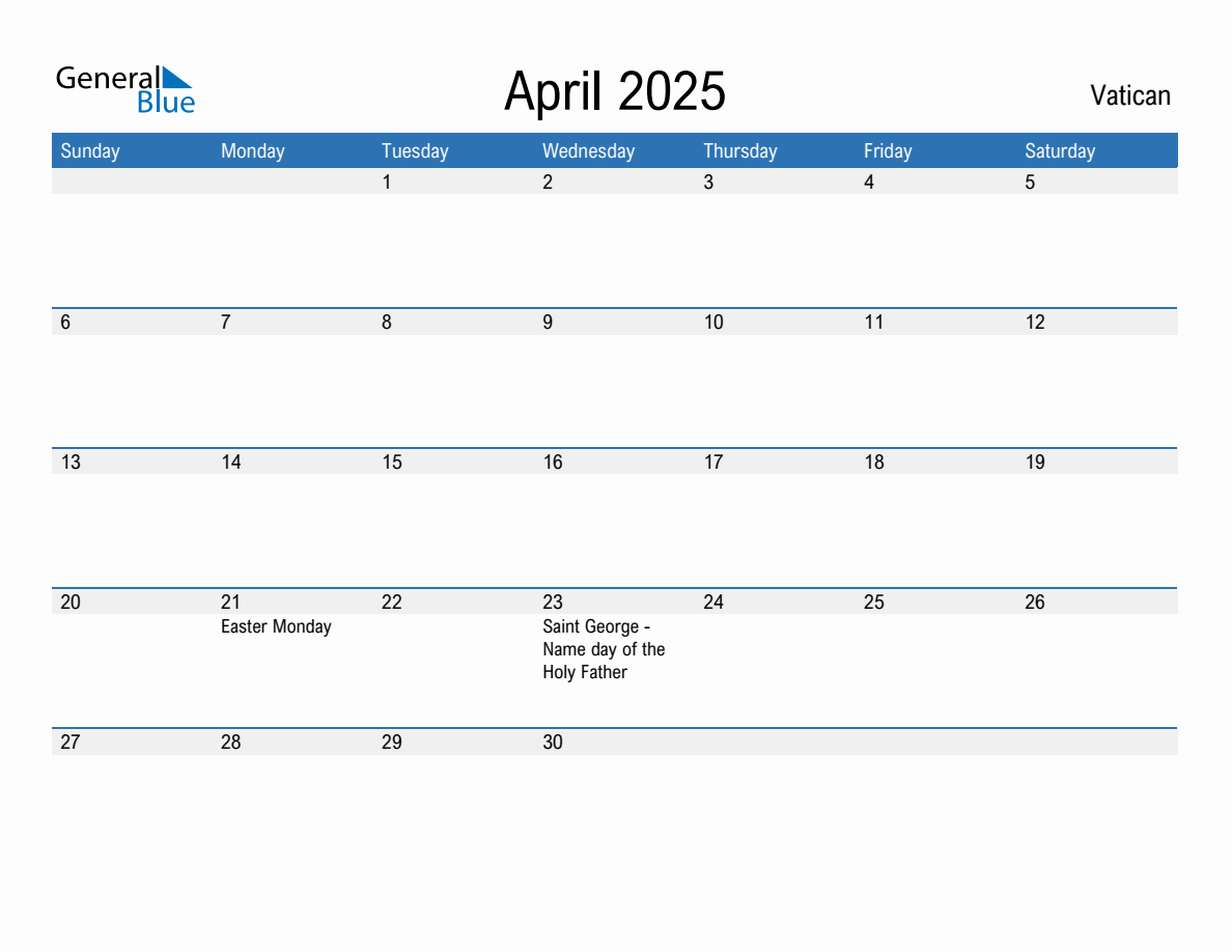 Editable April 2025 Calendar with Vatican Holidays