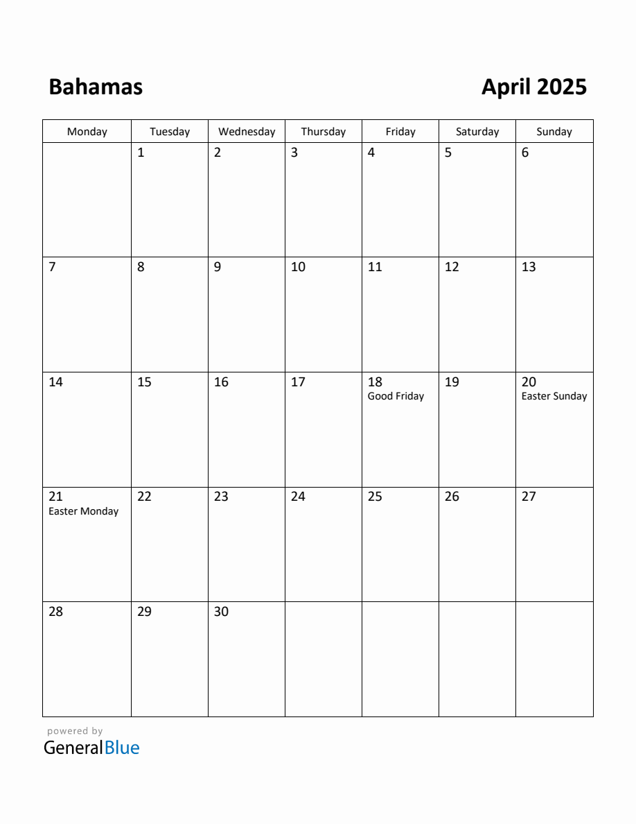 Free Printable April 2025 Calendar for Bahamas (Monday Start)