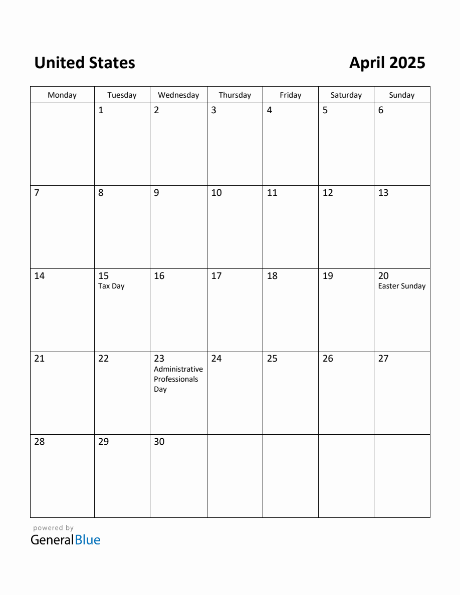 Free Printable April 2025 Calendar for United States (Monday Start)