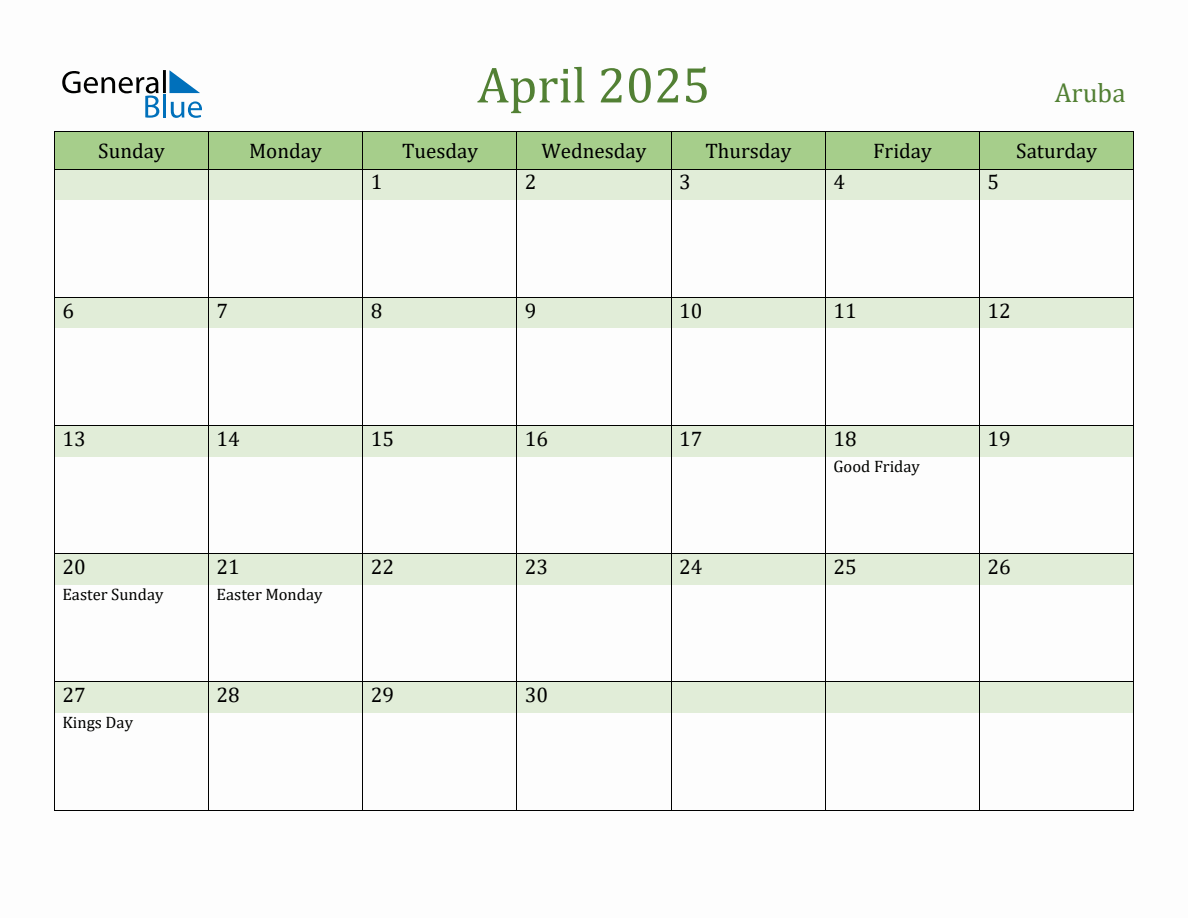 Fillable Holiday Calendar for Aruba - April 2025