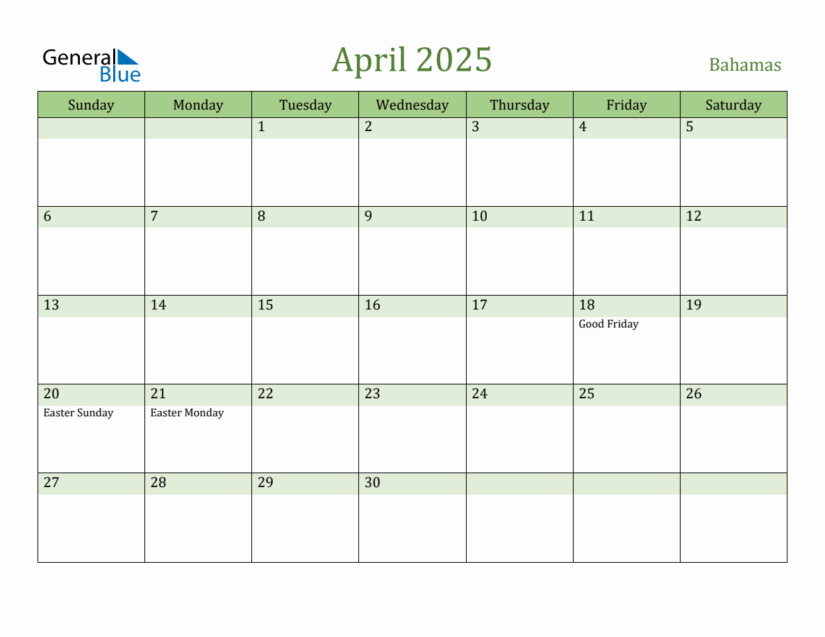 Fillable Holiday Calendar for Bahamas - April 2025