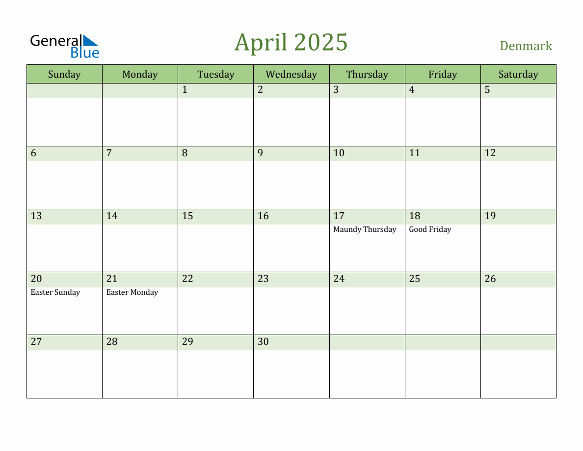 Fillable Holiday Calendar for Denmark - April 2025