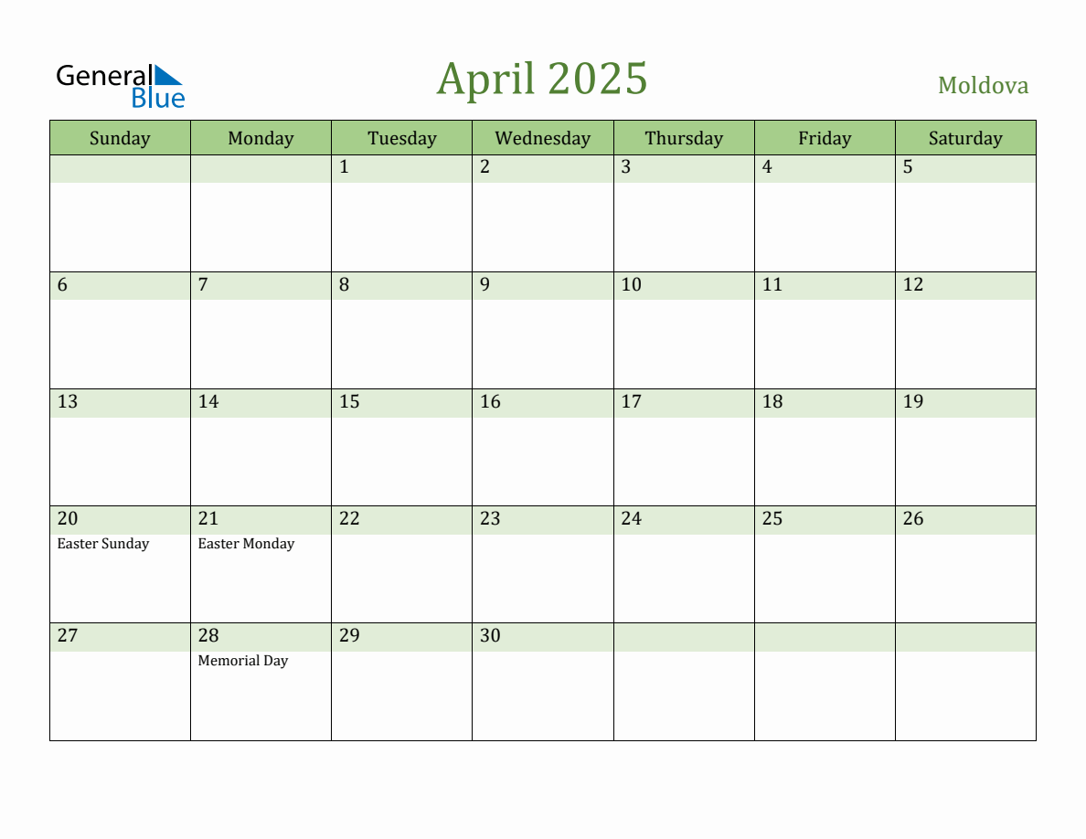 Fillable Holiday Calendar for Moldova - April 2025
