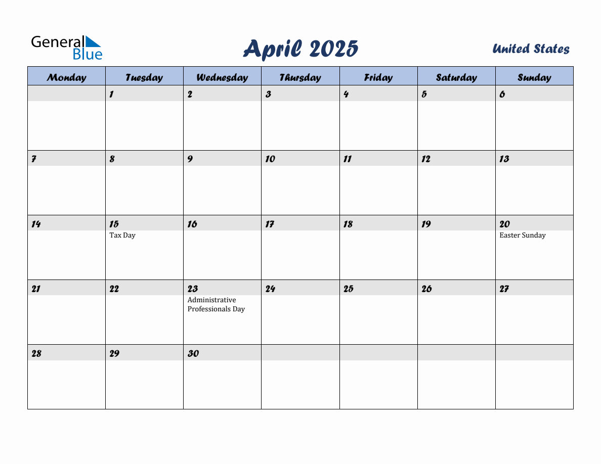April 2025 Monthly Calendar Template with Holidays for United States ...