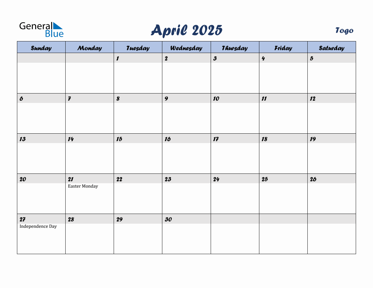 April 2025 Monthly Calendar Template with Holidays for Togo