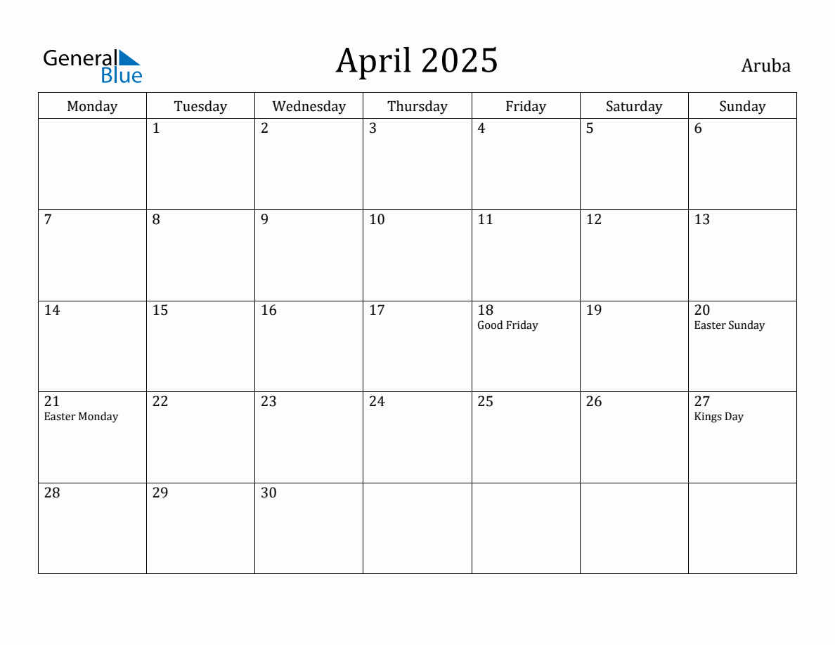 Aruba Monthly Calendar - April 2025 (Monday Start)