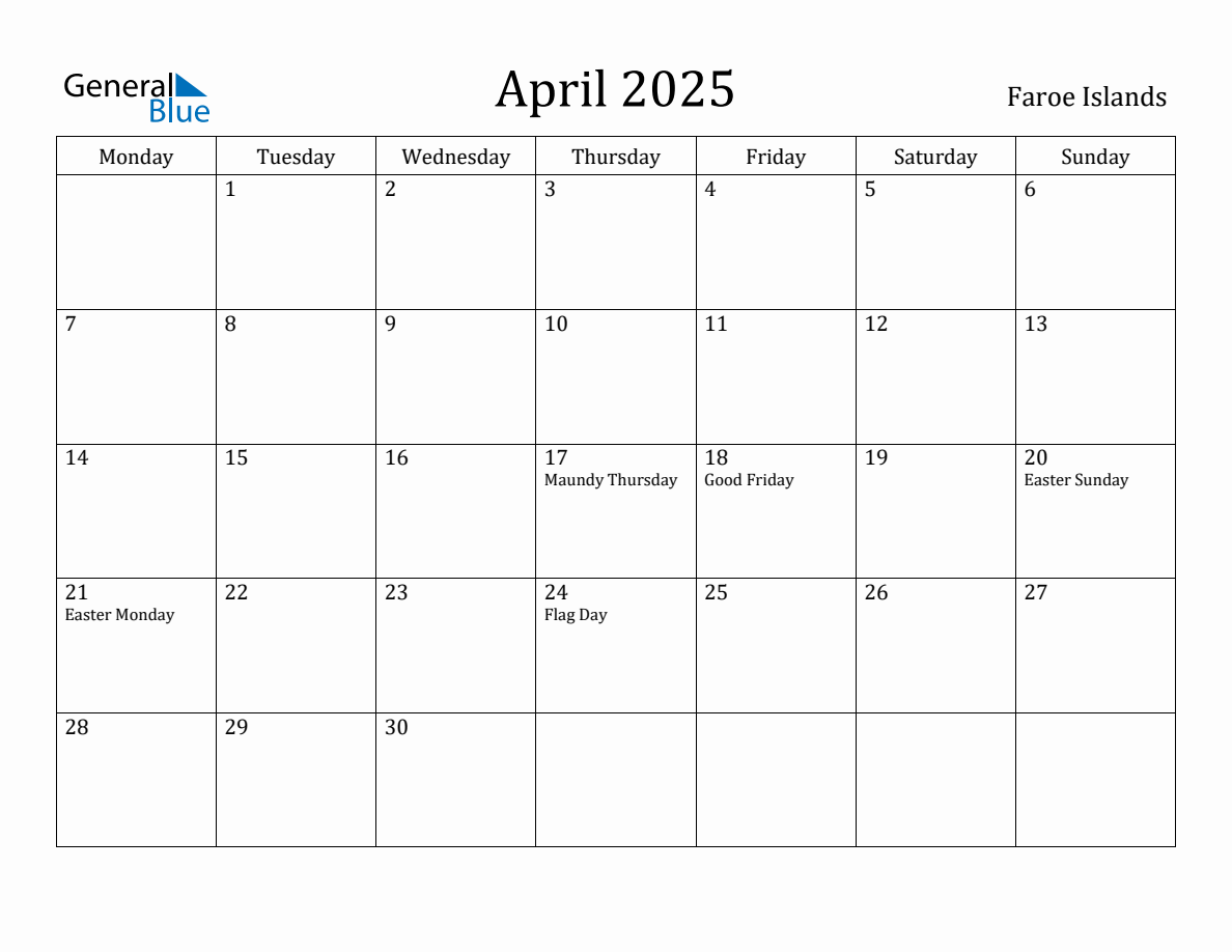 April 2025 Monthly Calendar with Faroe Islands Holidays