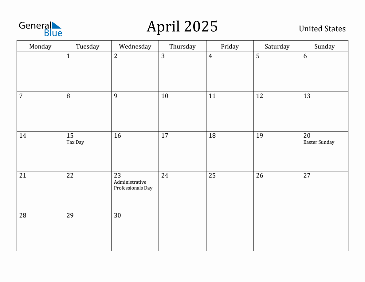 April 2025 Monthly Calendar with United States Holidays (Monday Start)