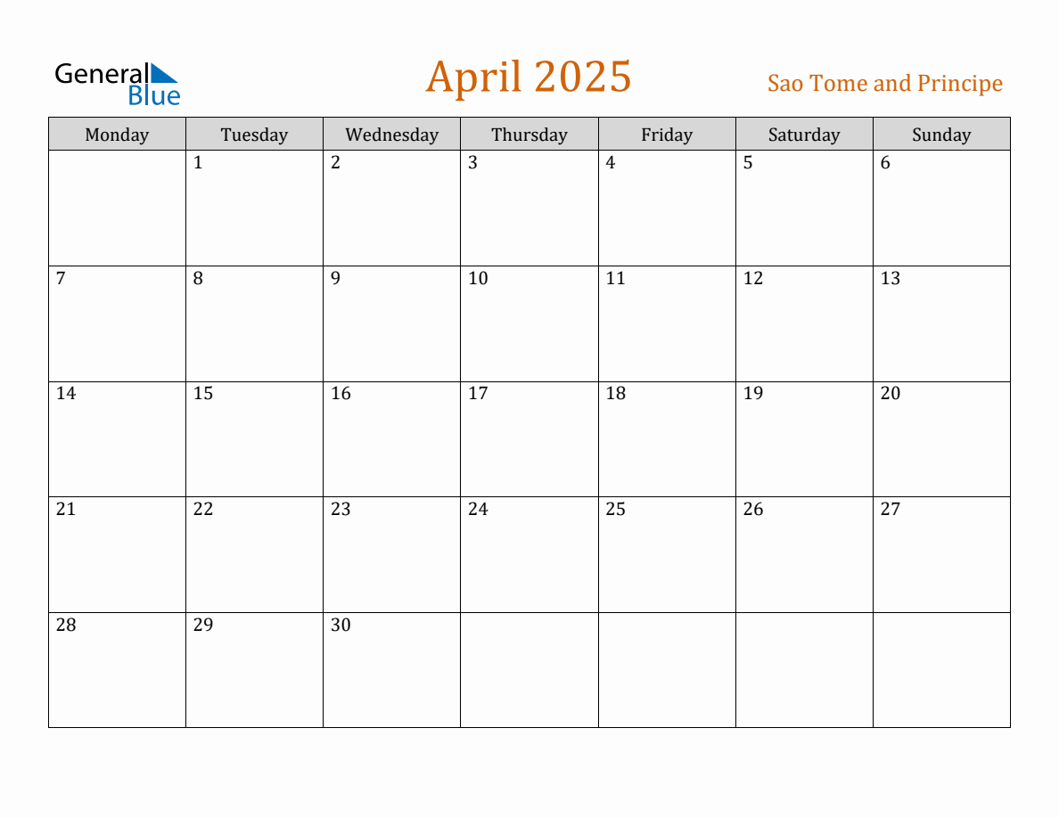 Free April 2025 Sao Tome and Principe Calendar (Monday Start)