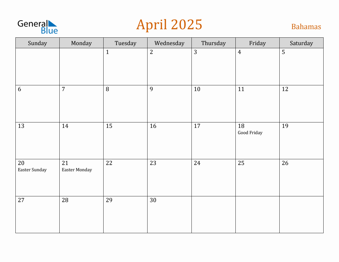 Free April 2025 Bahamas Calendar