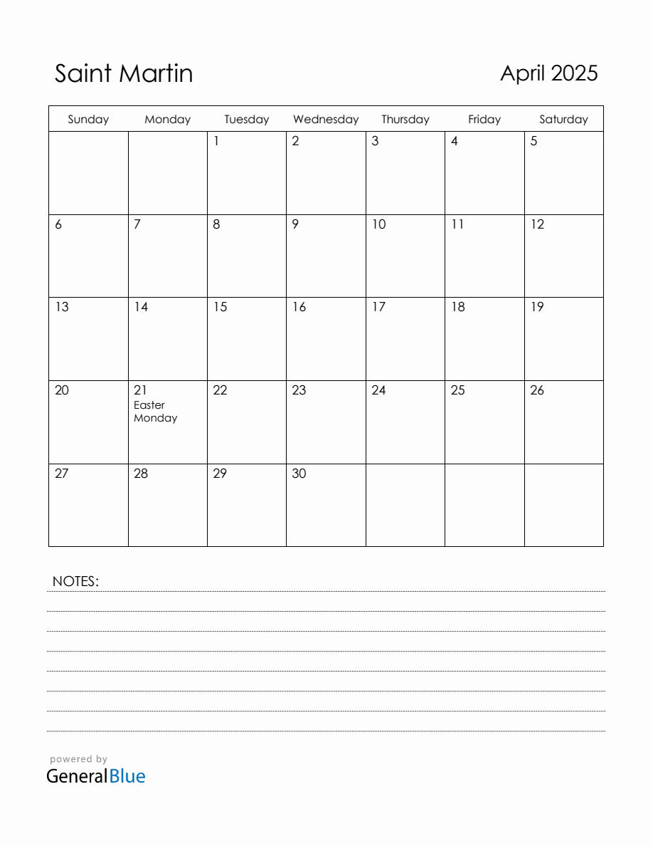 April 2025 Saint Martin Calendar with Holidays