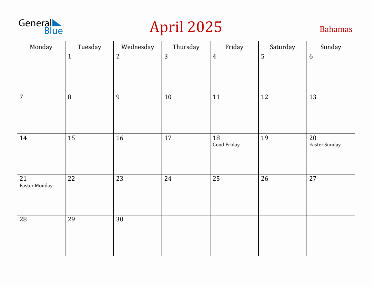 April 2025 Bahamas Monthly Calendar with Holidays (Monday Start)