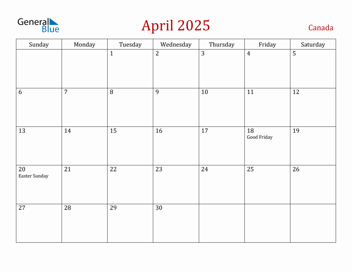 April 2025 Canada Monthly Calendar with Holidays