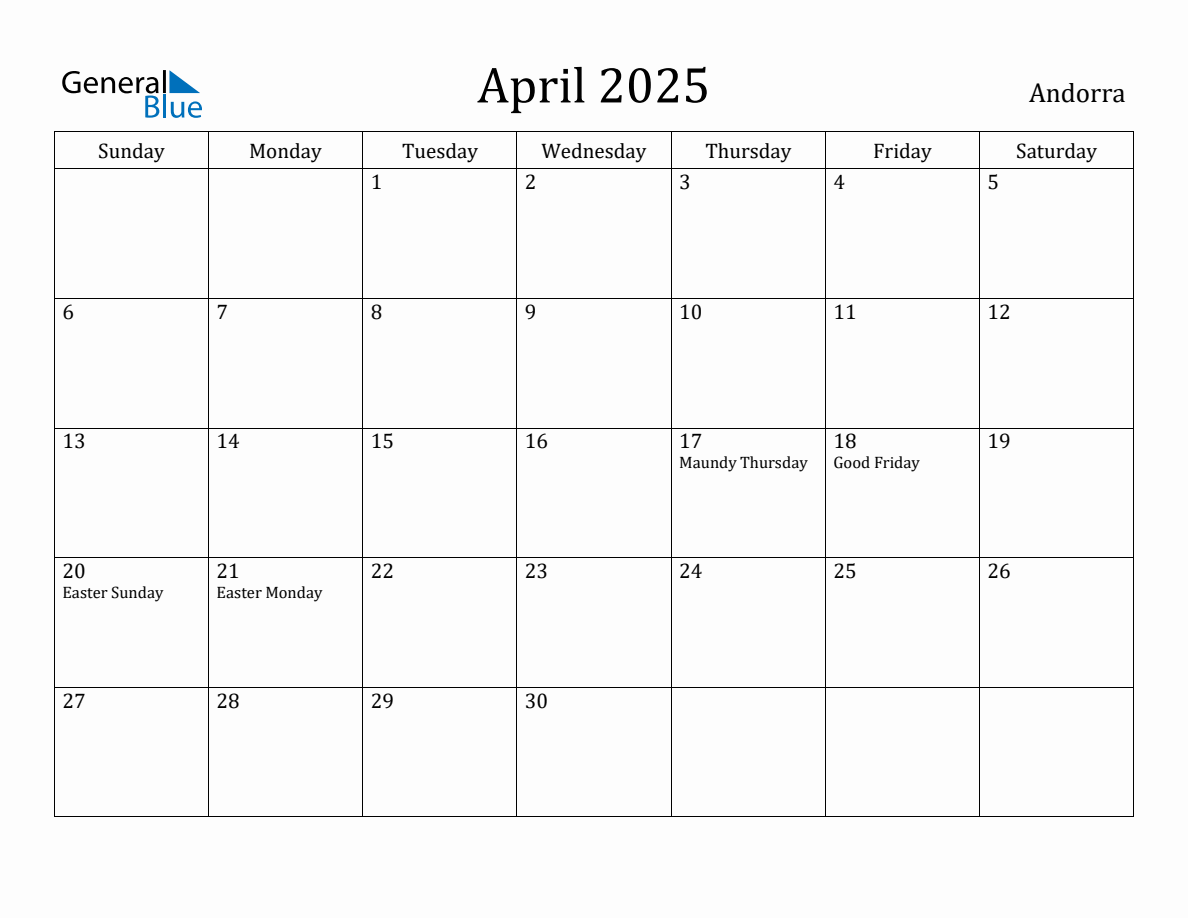 April 2025 Monthly Calendar with Andorra Holidays
