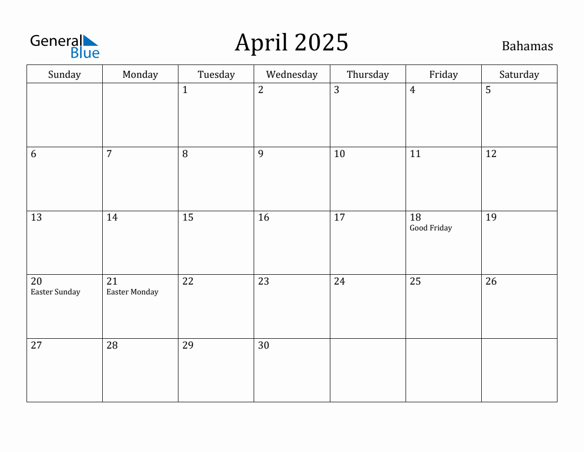 April 2025 Monthly Calendar with Bahamas Holidays