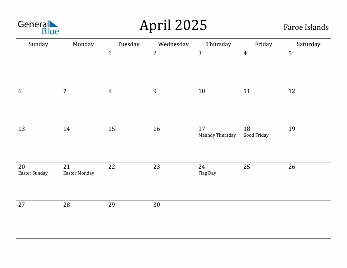 April 2025 Monthly Calendar with Faroe Islands Holidays