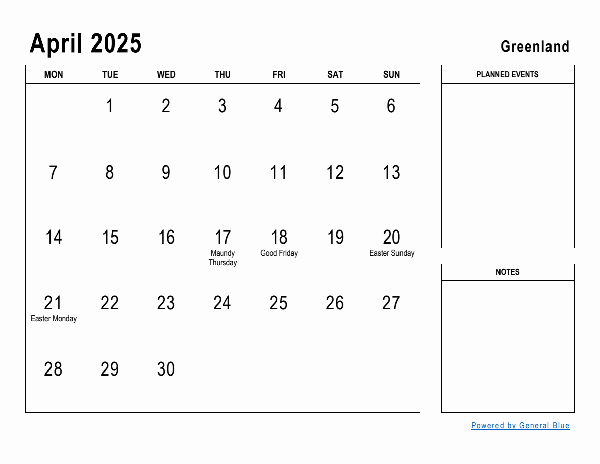 April 2025 Planner with Greenland Holidays (Monday Start)