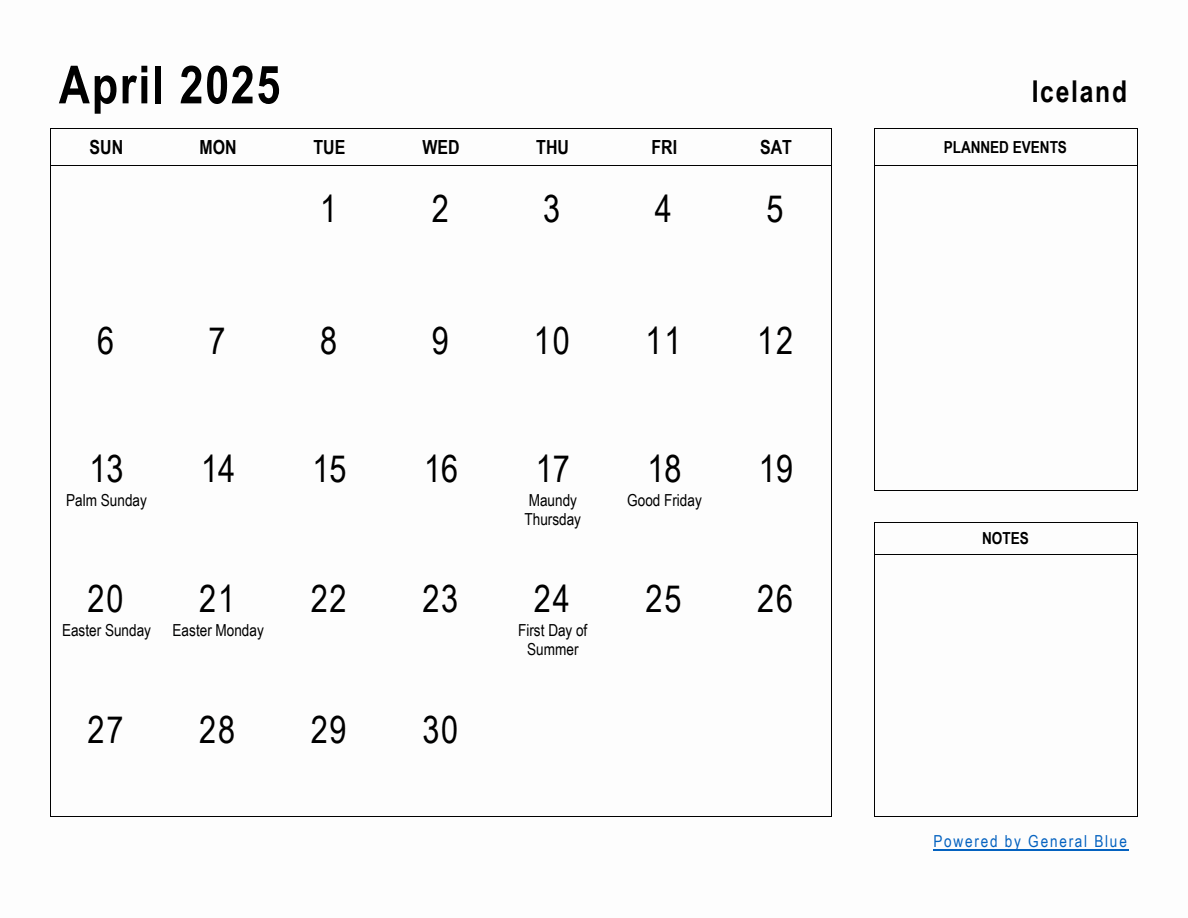 April 2025 Planner with Iceland Holidays