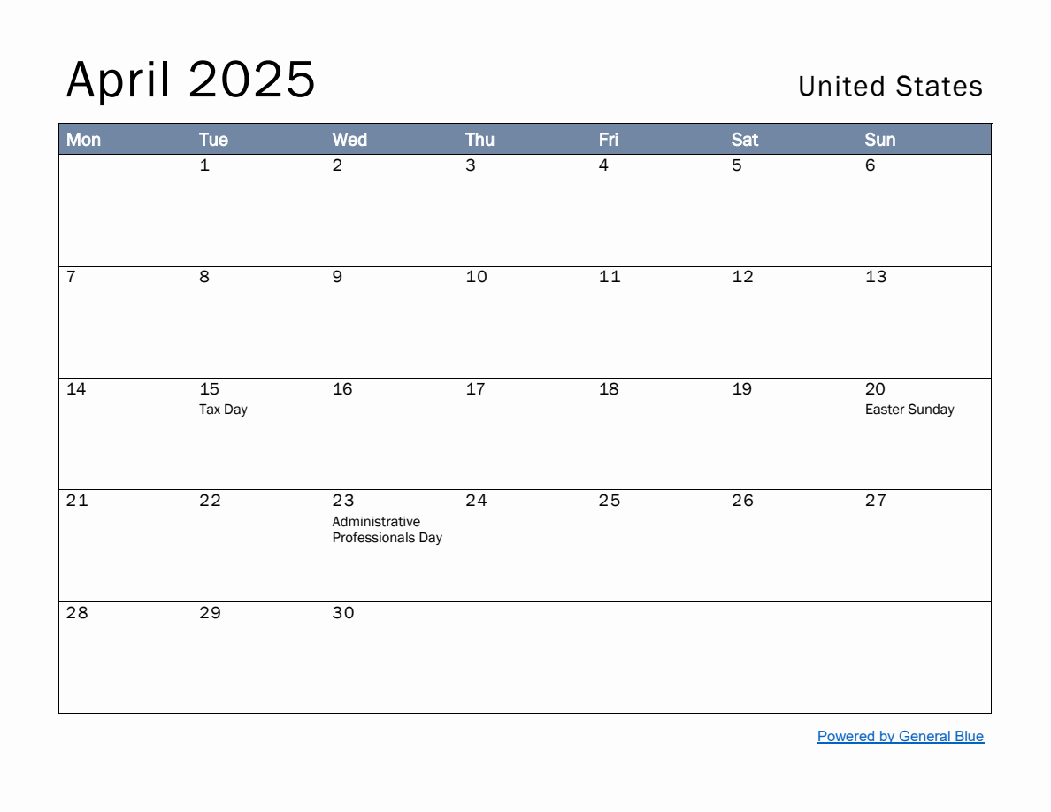 Free Monthly Calendar Template for April 2025 with United States ...