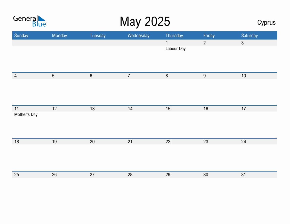 Editable May 2025 Calendar with Cyprus Holidays