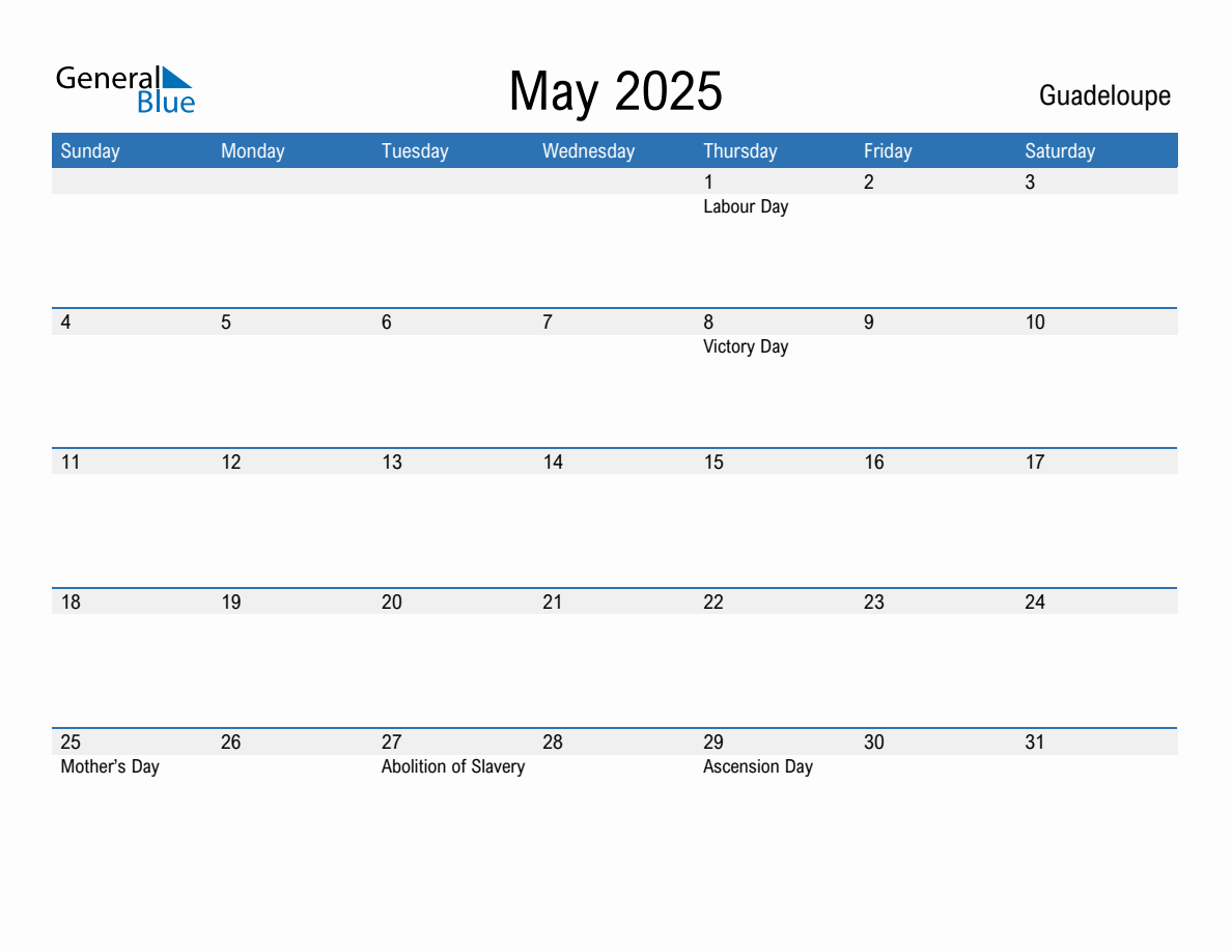 Editable May 2025 Calendar with Guadeloupe Holidays