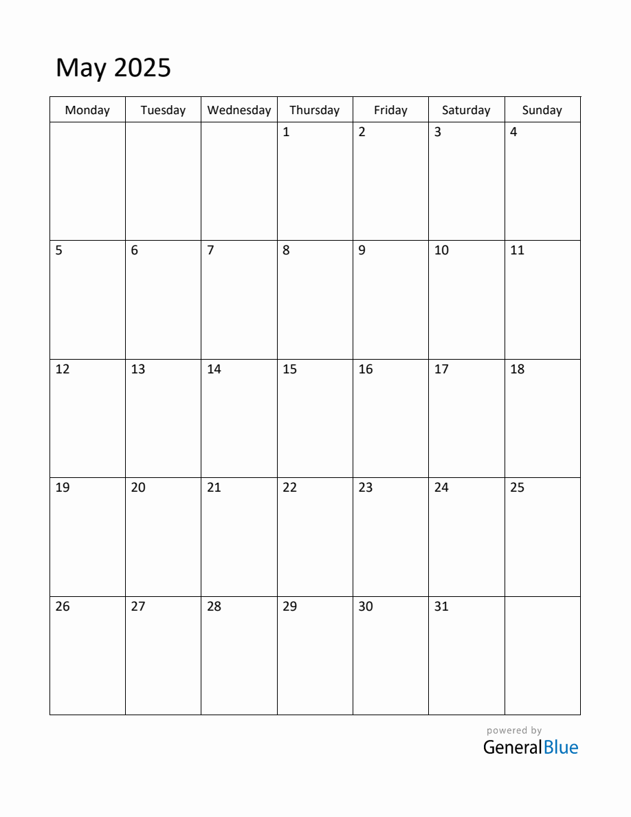 Editable May 2025 Monthly Calendar - Monday Start