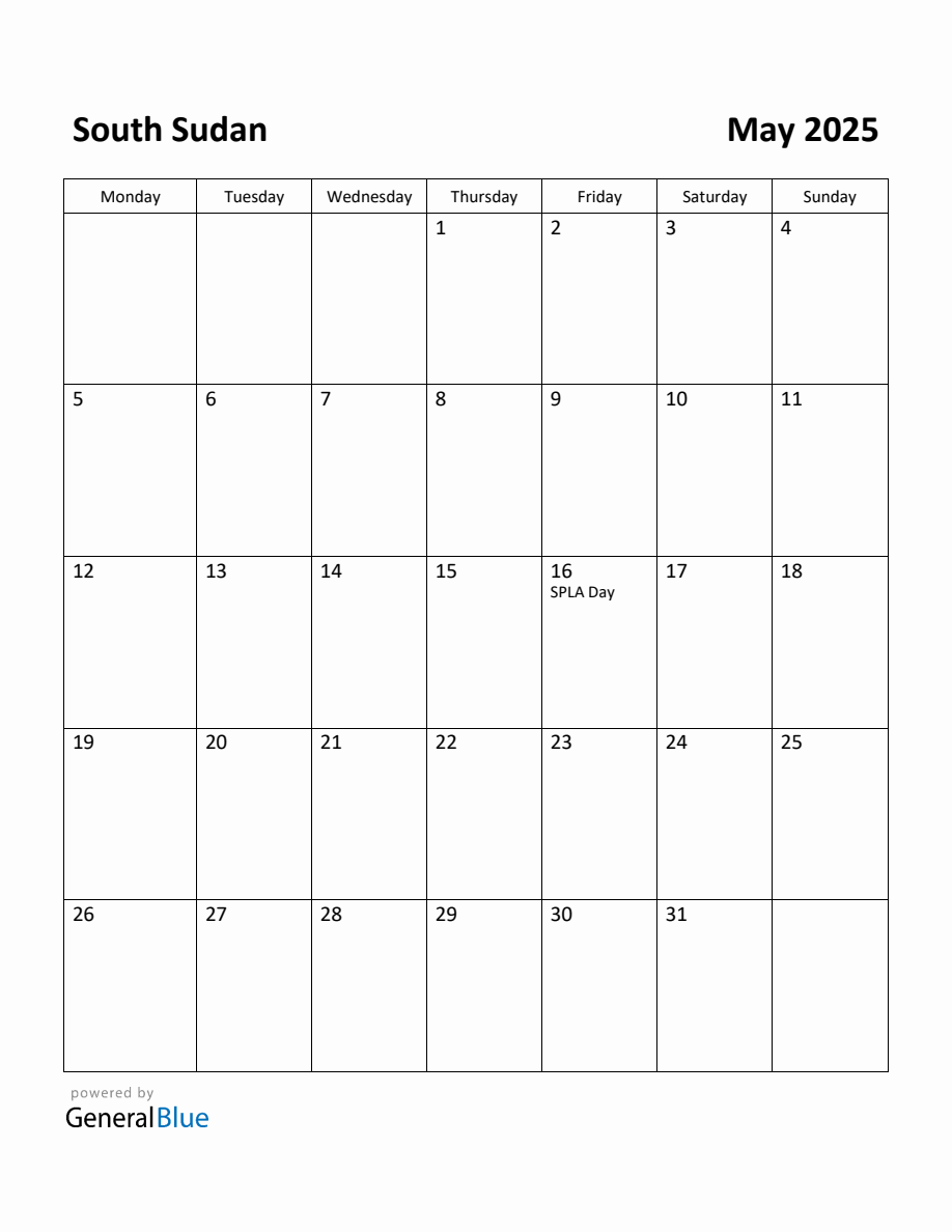 Free Printable May 2025 Calendar for South Sudan (Monday Start)