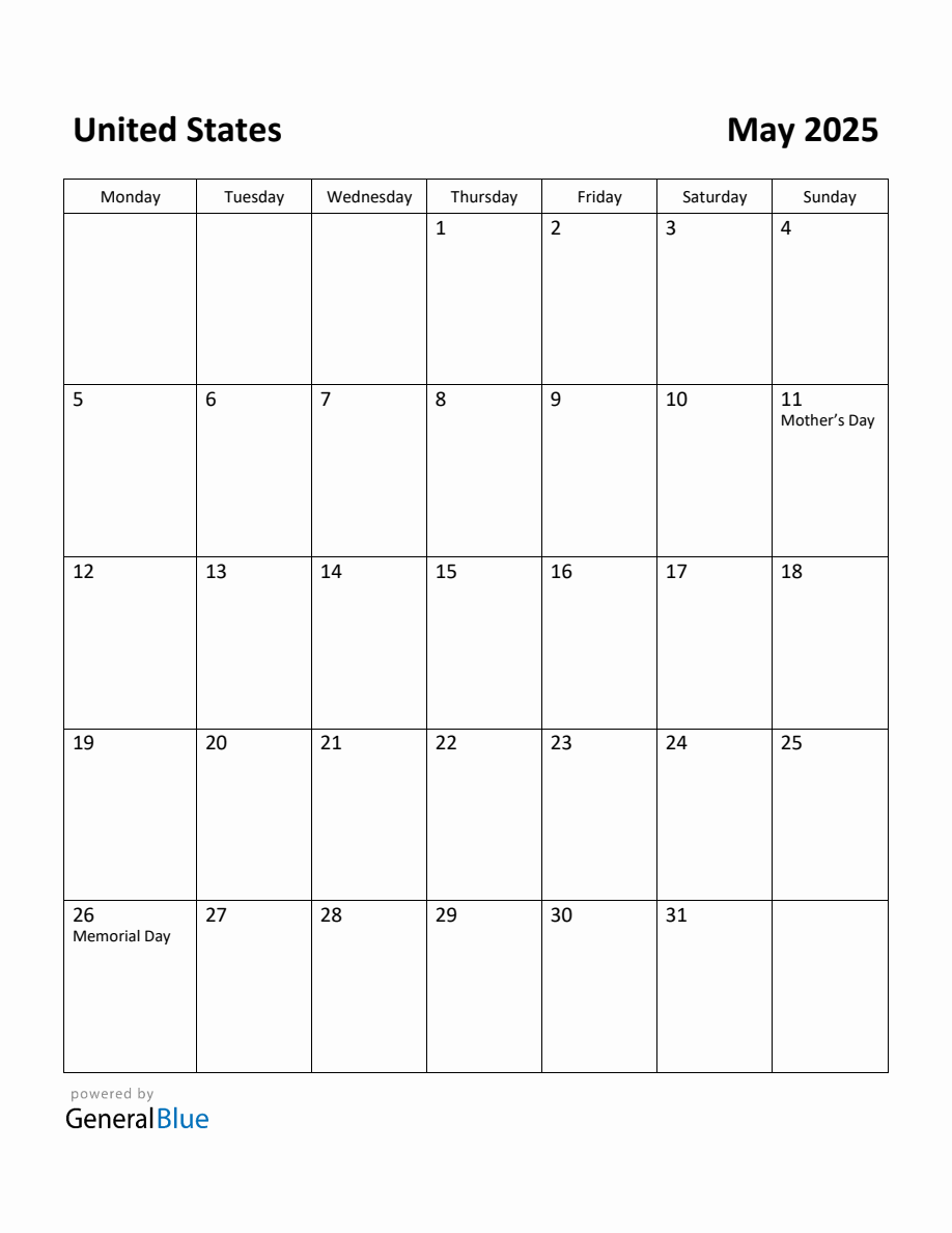 Free Printable May 2025 Calendar for United States (Monday Start)