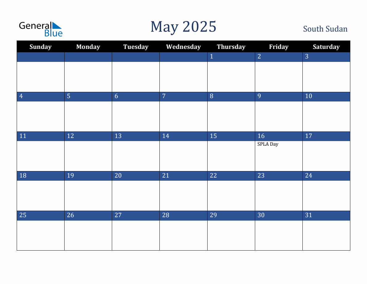 May 2025 South Sudan Holiday Calendar
