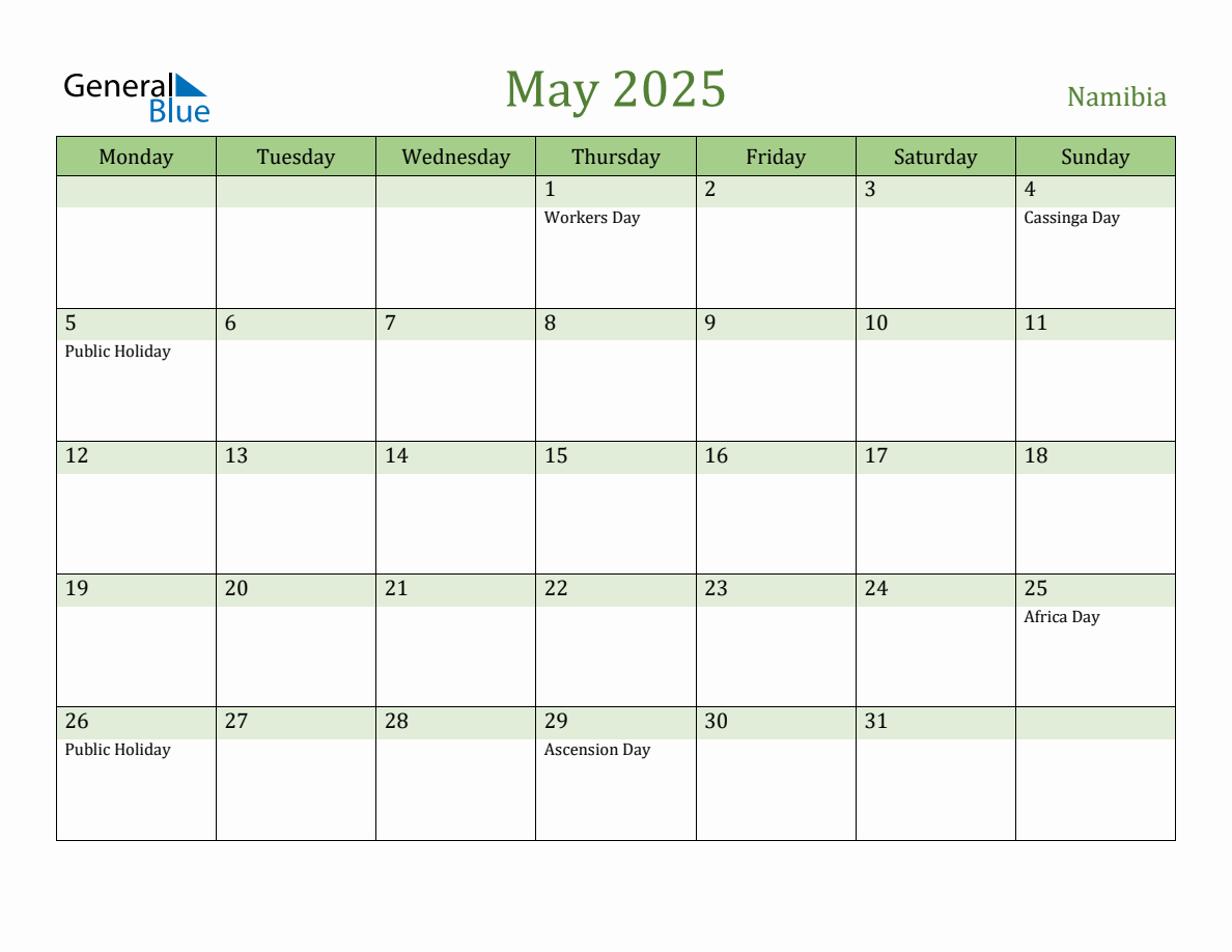 Fillable Holiday Calendar for Namibia - May 2025