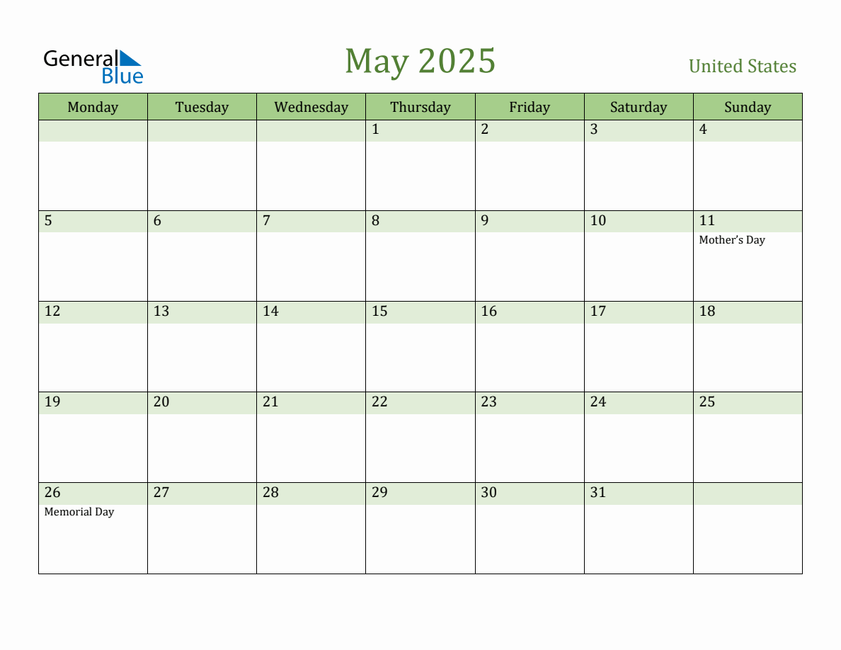 Fillable Holiday Calendar for United States - May 2025 (Monday Start)