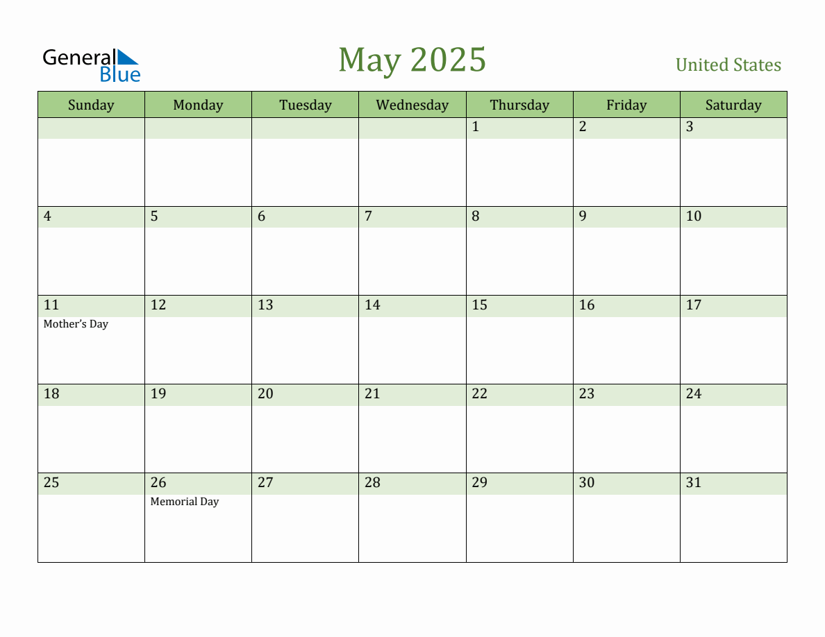 Fillable Holiday Calendar for United States - May 2025