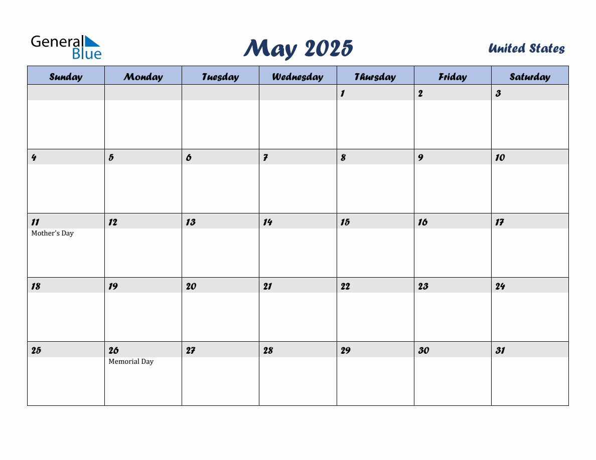 May 2025 Monthly Calendar Template with Holidays for United States