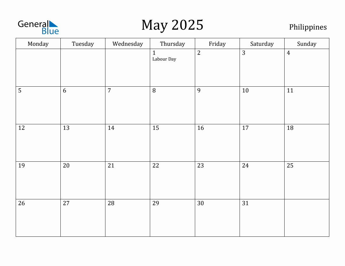 May 2025 Monthly Calendar with Philippines Holidays (Monday Start)