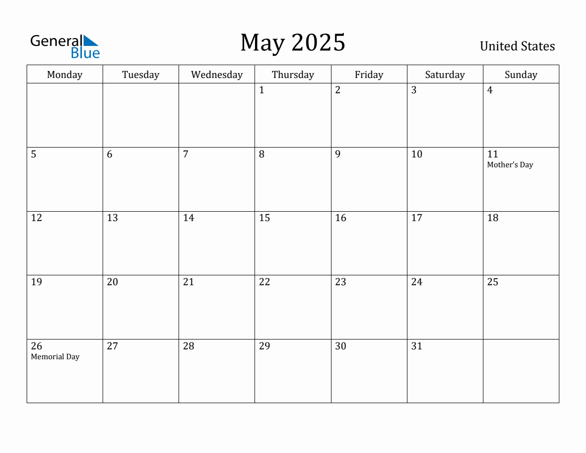 United States Monthly Calendar - May 2025 (Monday Start)
