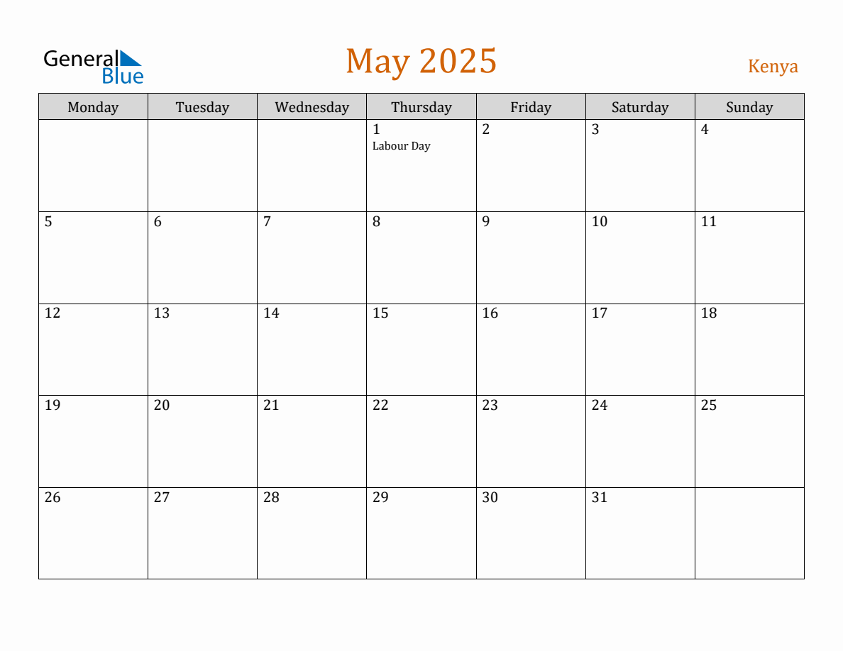 Free May 2025 Kenya Calendar (Monday Start)