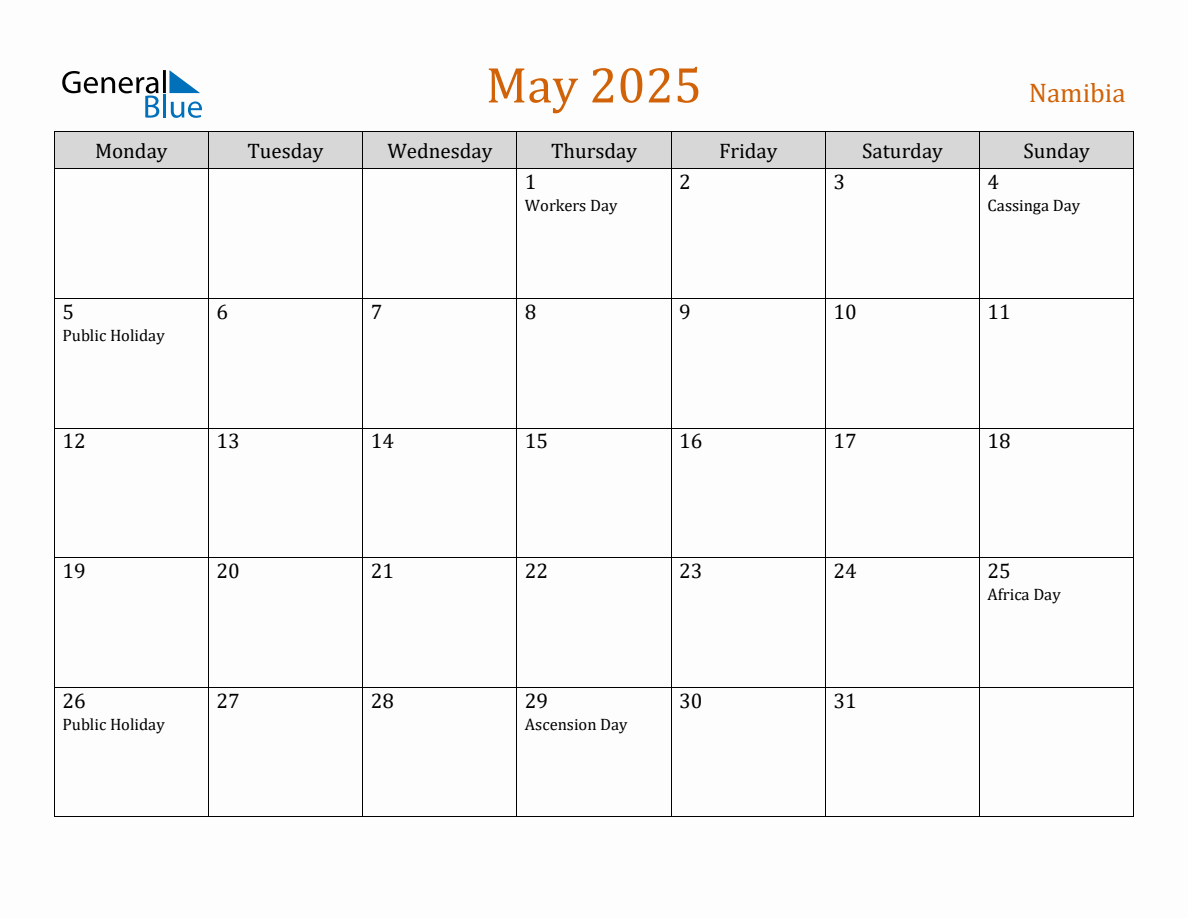 Free May 2025 Namibia Calendar (Monday Start)