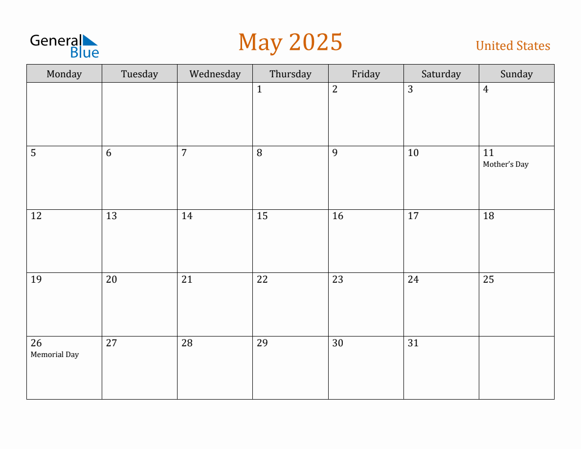Free May 2025 United States Calendar (Monday Start)