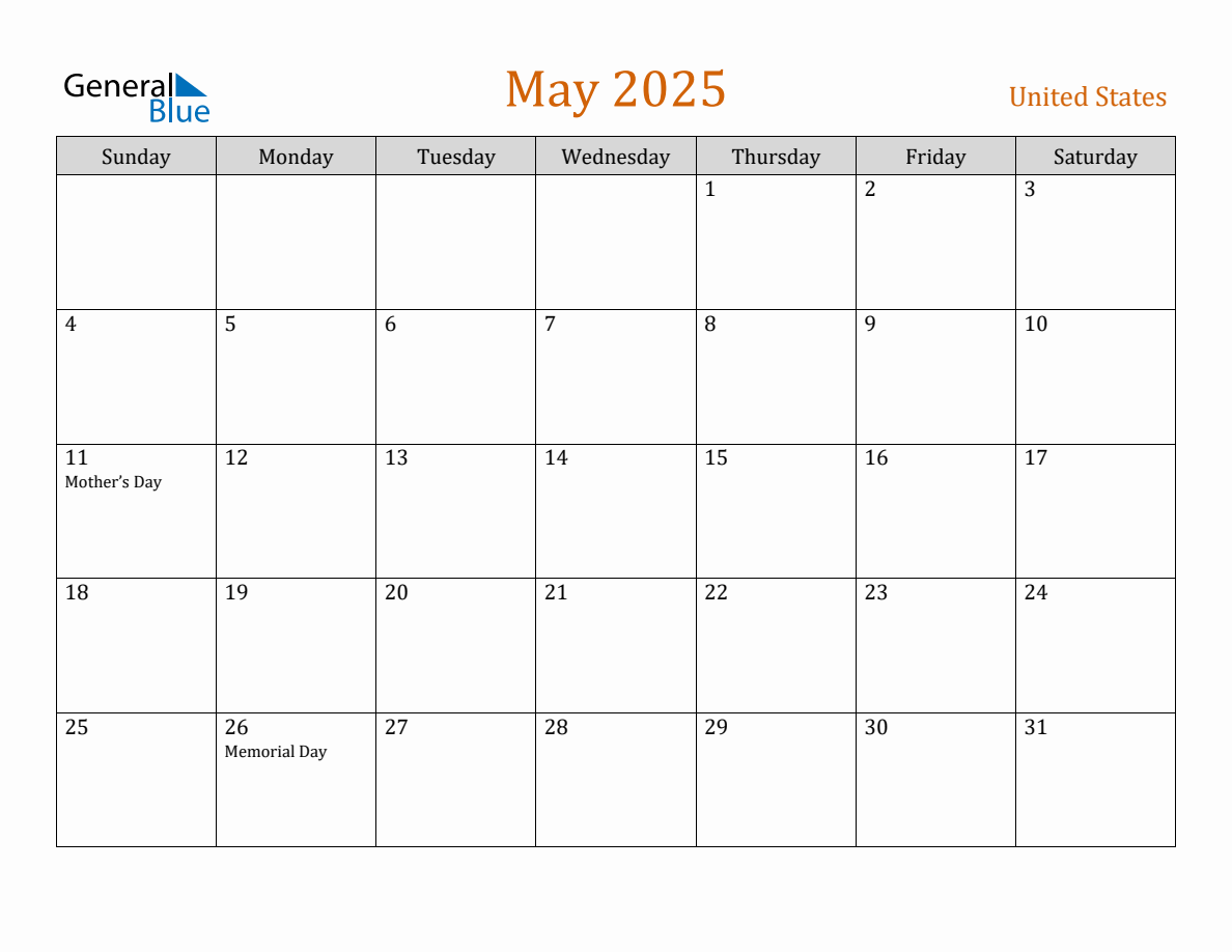 Free May 2025 United States Calendar