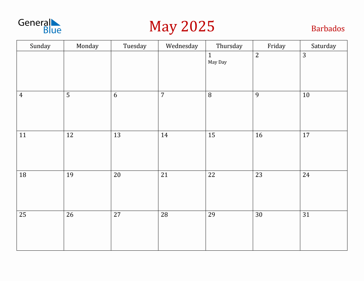 May 2025 Barbados Monthly Calendar with Holidays