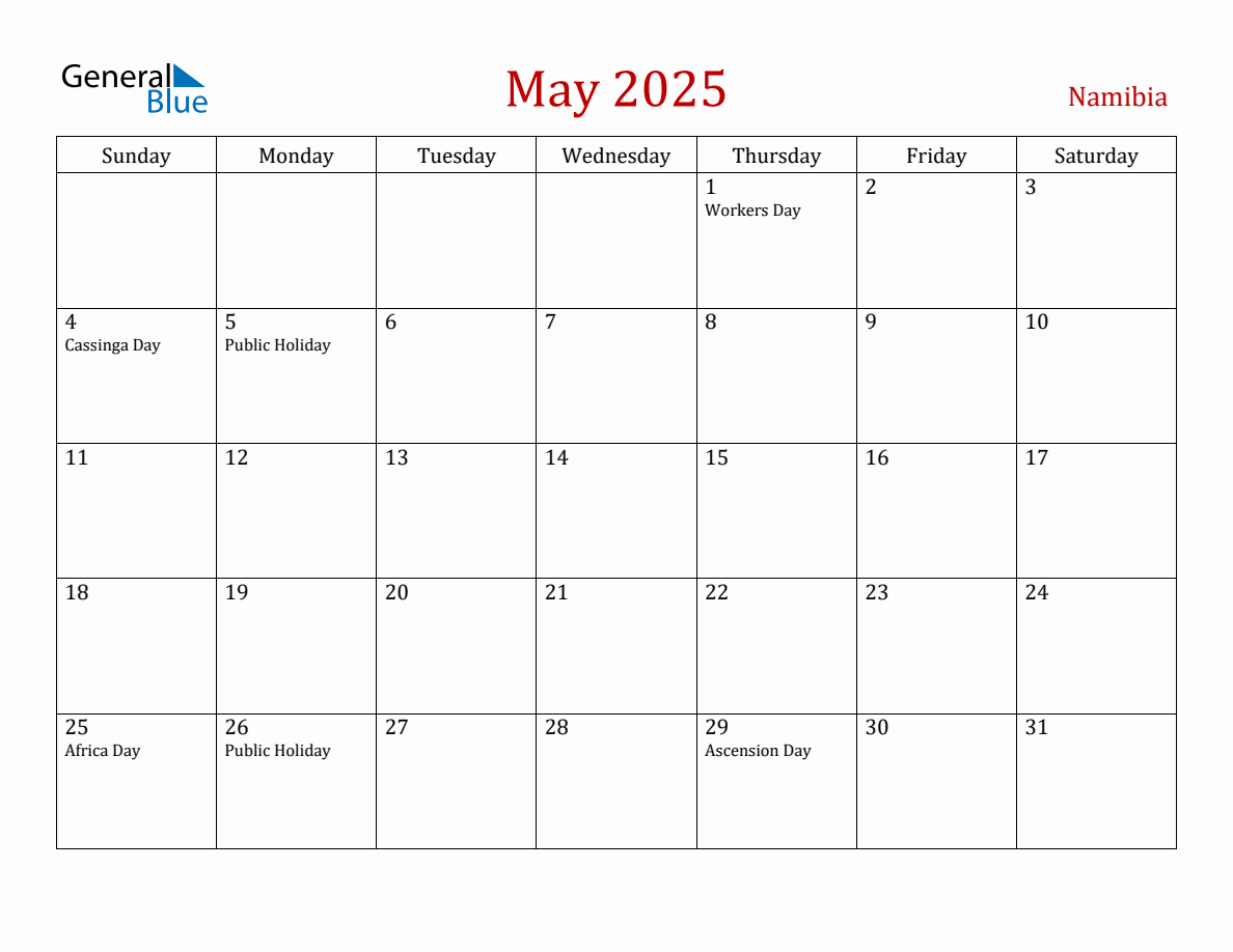 May 2025 Namibia Monthly Calendar with Holidays
