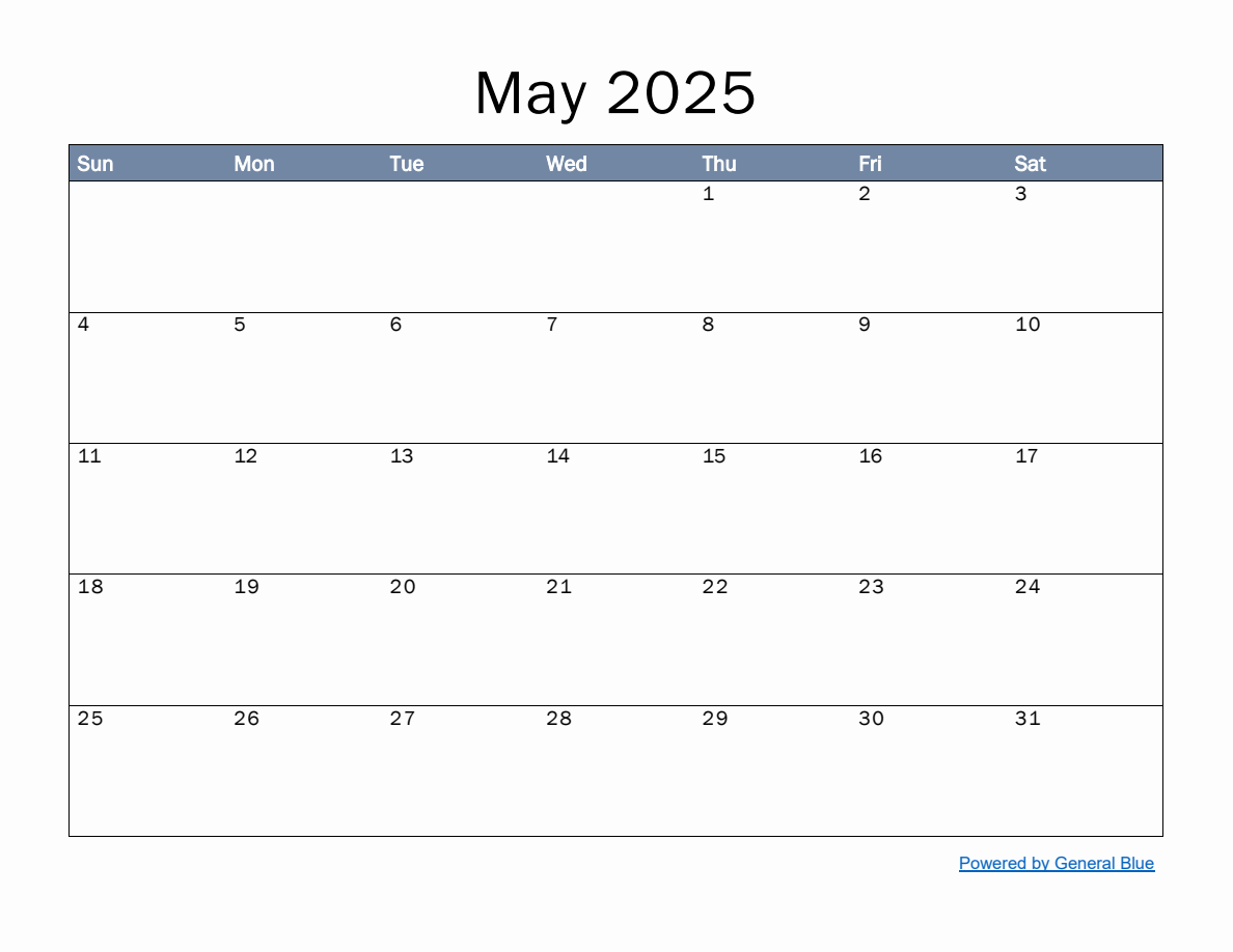Monthly Calendar Template for May 2025