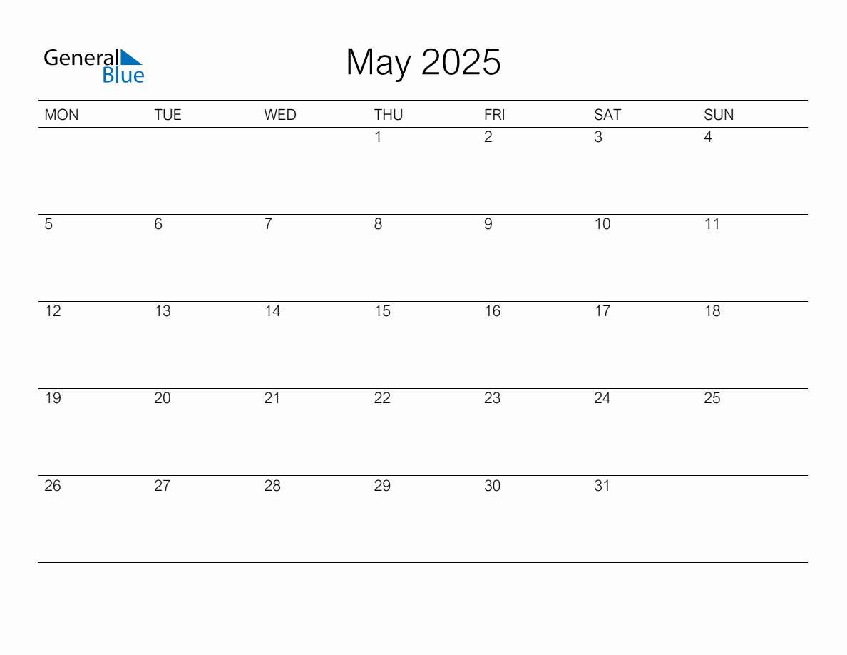 Printable May 2025 Monthly Calendar - Monday Start