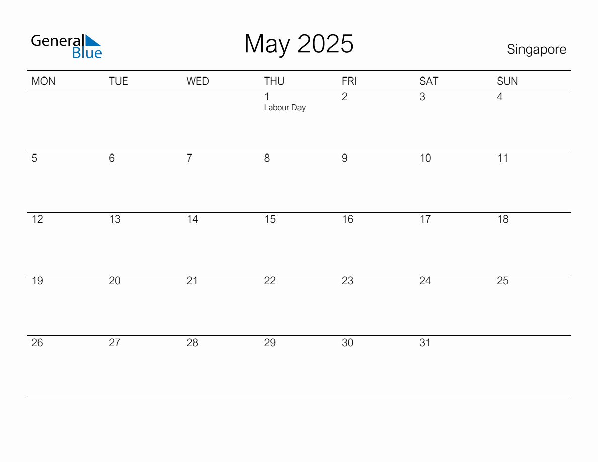 Printable May 2025 Monthly Calendar with Holidays for Singapore (Monday ...