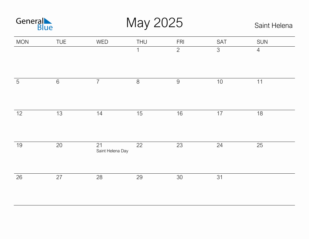 Printable May 2025 Monthly Calendar with Holidays for Saint Helena