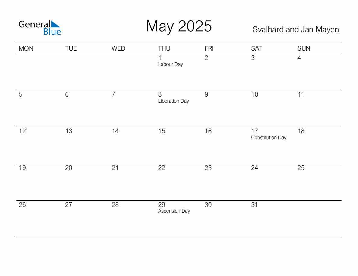 Printable May 2025 Monthly Calendar with Holidays for Svalbard and Jan ...